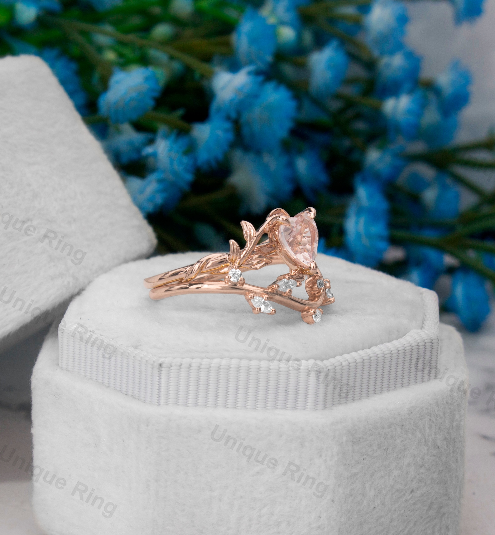 Cottagecore Vine Leaf Heart Cut Morganite Engagement Ring Set, Forest ...