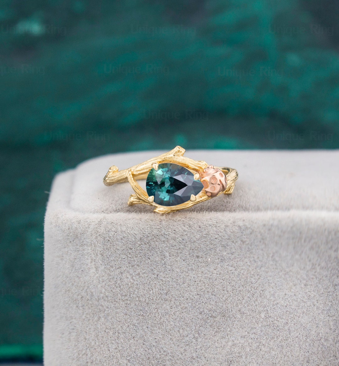 Cottagecore Twig Engagement Ring - Pear Teal Sapphire Engagement Ring ...