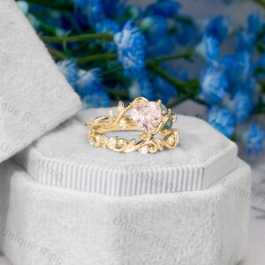 Cottagecore Vine Leaf Heart Cut Morganite Engagement Ring Set, Natural ...