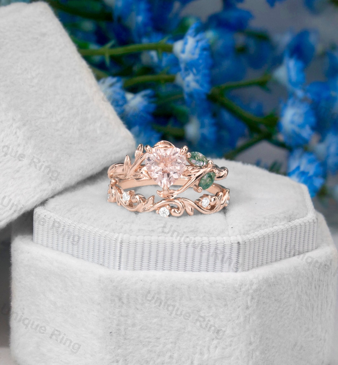 Cottagecore Vine Leaf Heart Cut Morganite Engagement Ring Set, Natural ...