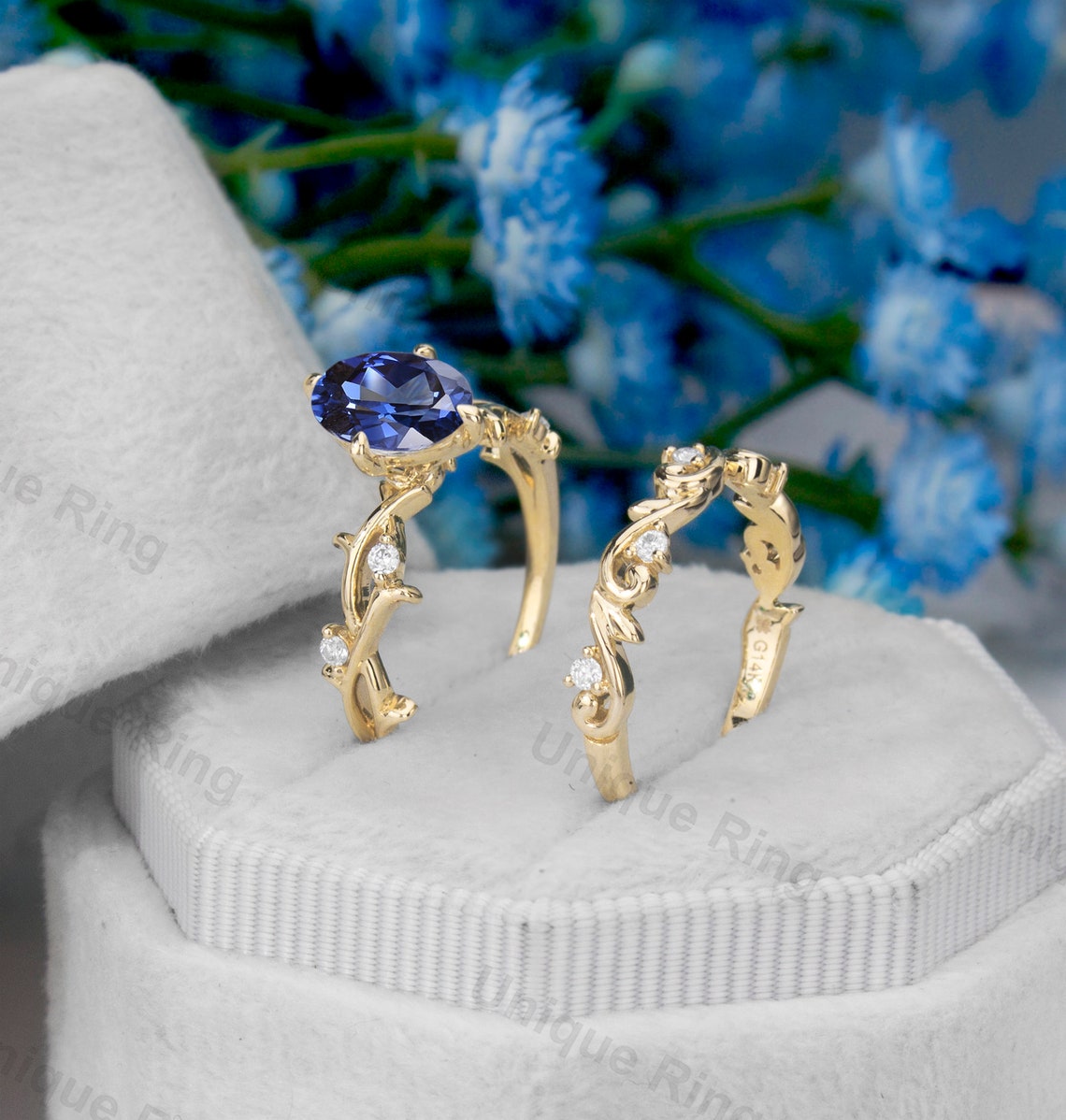 Oval Cottagecore Sapphireengagement Ring Set for Natural - Etsy