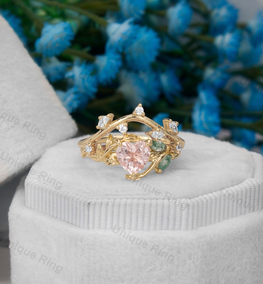 Cottagecore Vine Leaf Heart Cut Morganite Engagement Ring Set, Forest ...