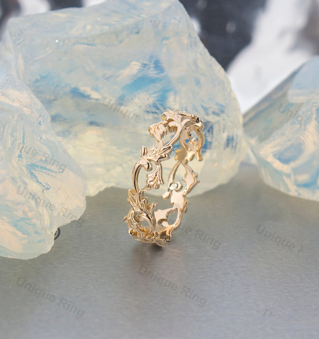 Cottagecore Leaf Solid Gold Couple Ring ,organic 14K Gold Floral ...