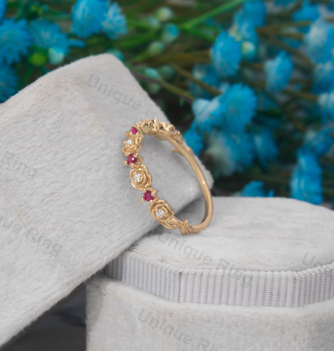 Cottagecore Nature Ruby Wedding Ring,rose Flower Moissanite Ring，rose ...