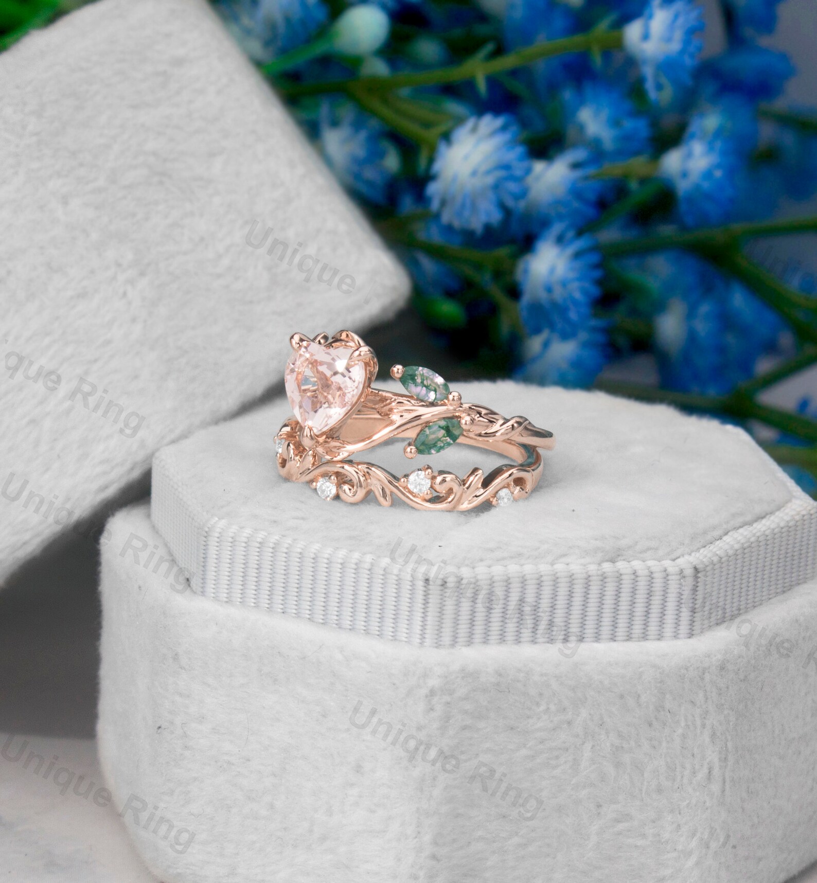 Cottagecore Vine Leaf Heart Cut Morganite Engagement Ring Set - Etsy