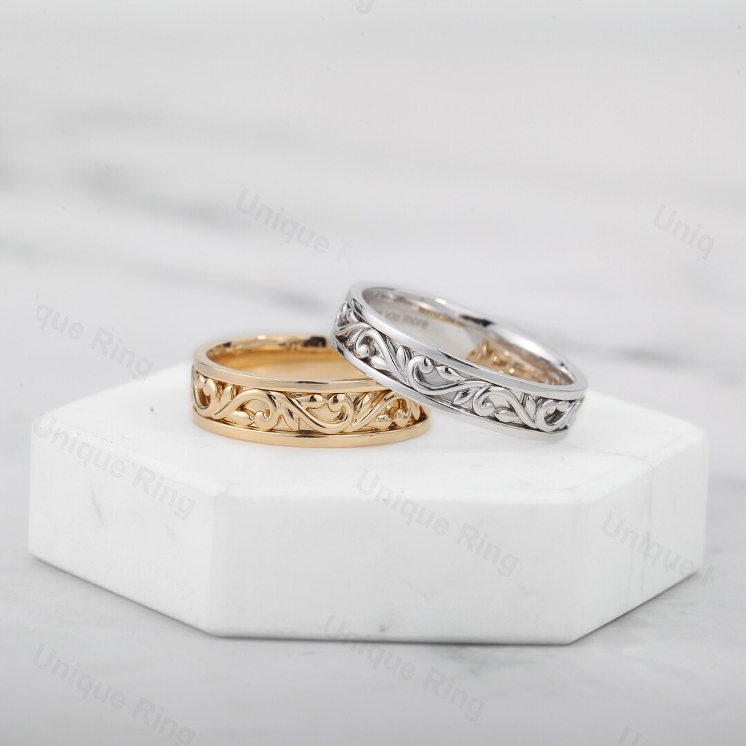 Cottagecore Leaf Solid Gold Men’s Band Ring , 5MM/6MM 14K Gold Floral ...