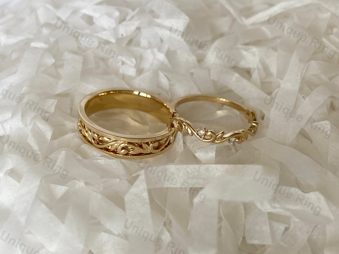 Natural Style Flower&leaf Wedding Ring Set. Cottagecore Leaf | Etsy