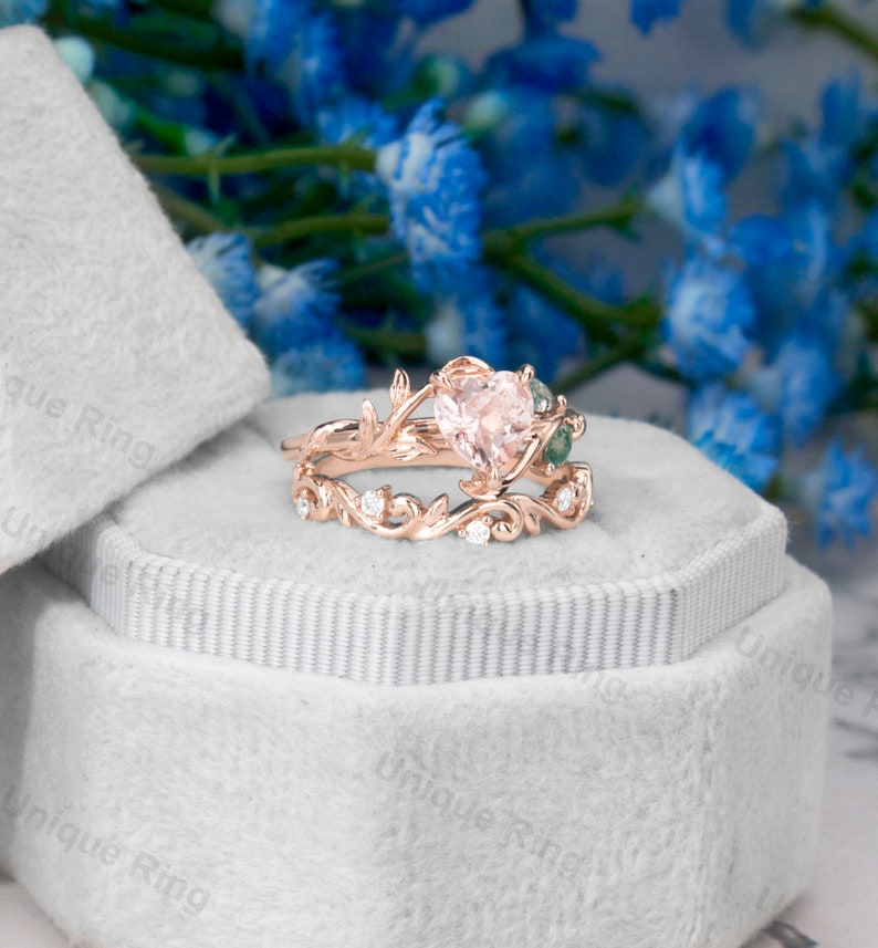 Cottagecore Vine Leaf Heart Cut Morganite Engagement Ring Set, Natural ...