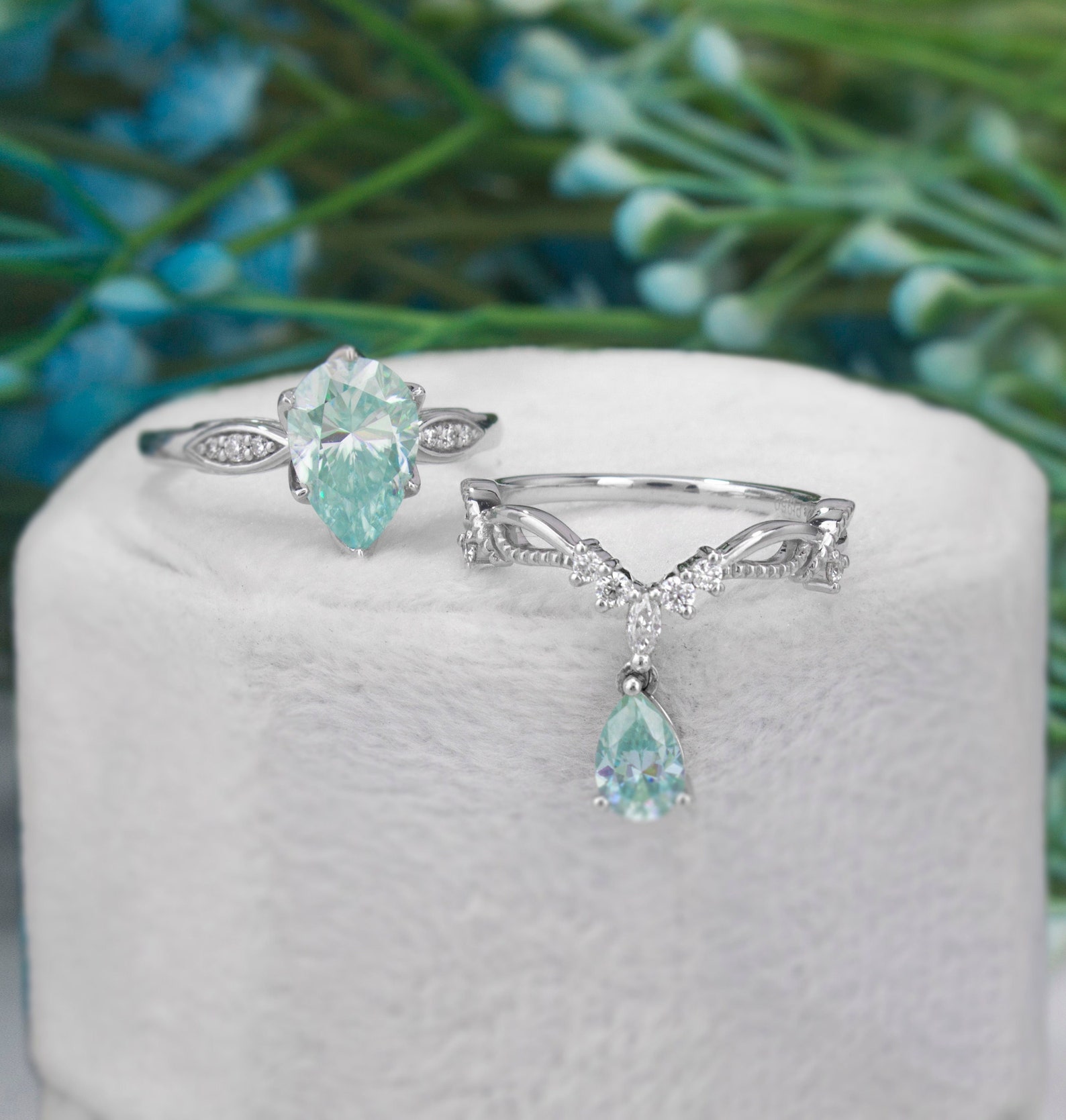 Cottagecore Pear Cyan Blue Moissanite Engagement Ring Set - Etsy