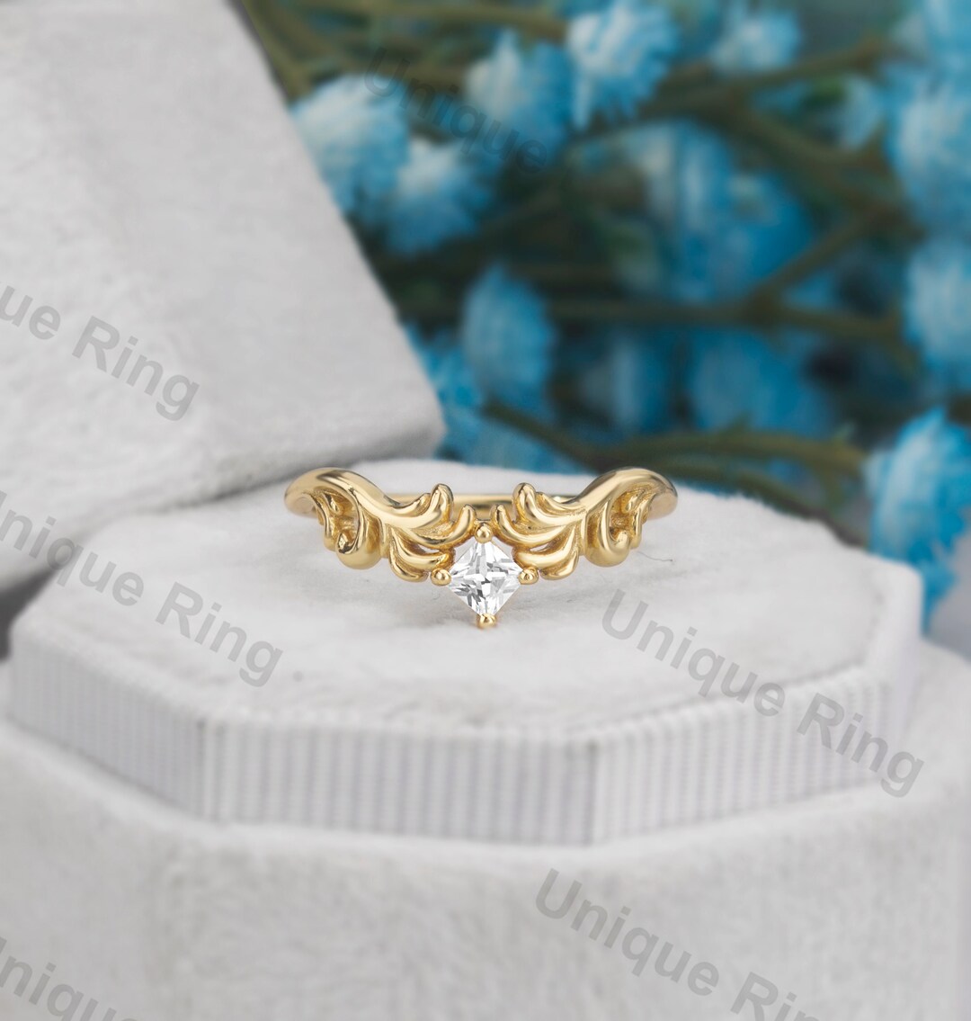 Cottagecore Princess Cut Moissanite Floral Wedding Ring,leaf Solid Gold ...