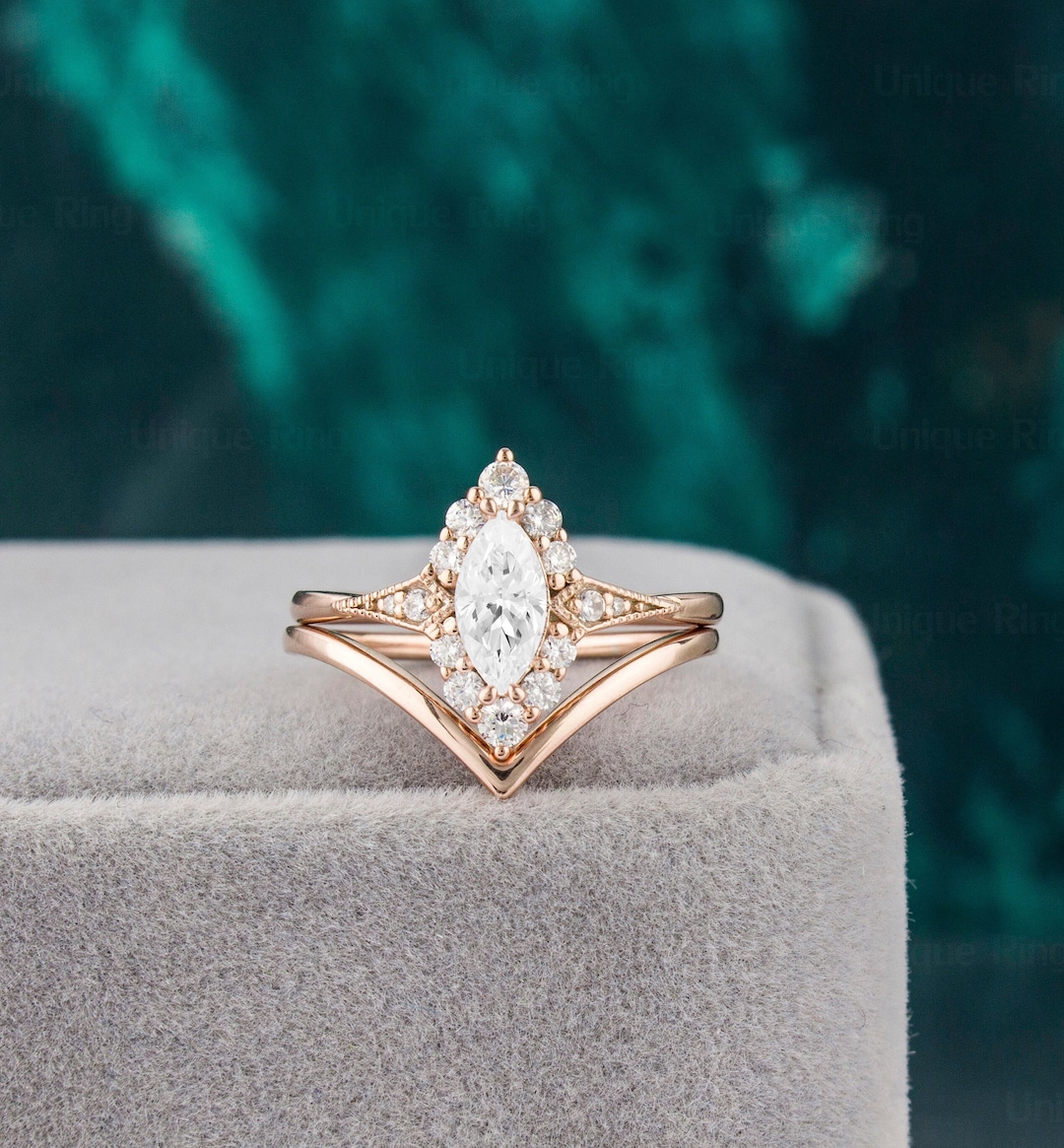 Vintage Marquise Verlobungsring Set, geschwungener Ehering, Gold Ehering, Einzigartiger Ehering ...