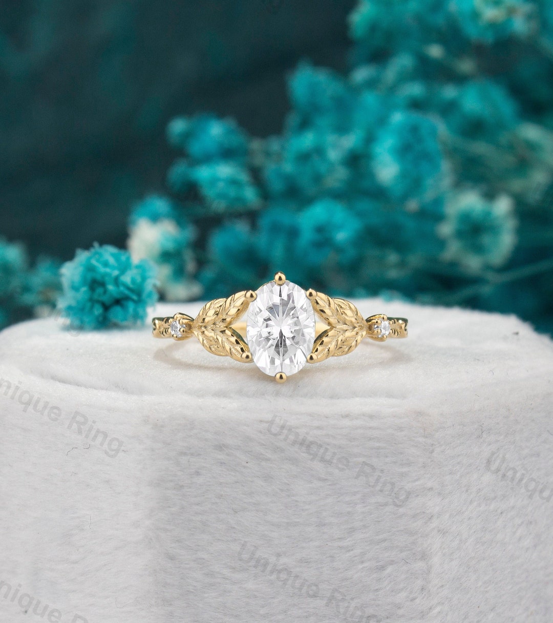 Oval Moissanite Twig Leaf Engagement Ring, Split Shank Leaf Ring ...