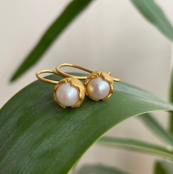 Gold Earrings With Pearls 24k Solid Gold Earrings 24k Gold Pearl Earring Solid 24k Gold Hand Made Gold Earring Pearl Gold Dangle Etsy