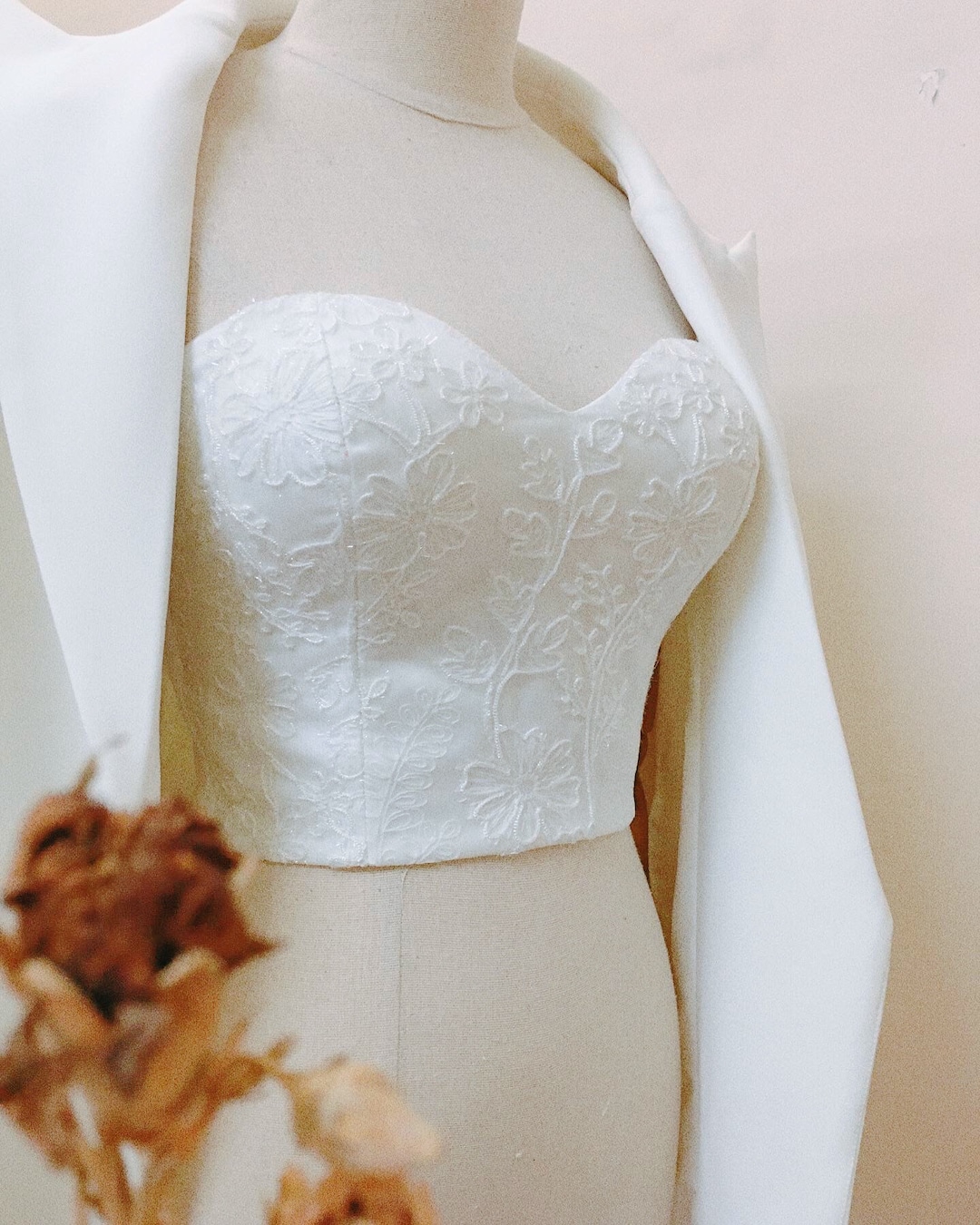 Luxury Bridal Corset Top With Blazer Option | Embroidered Mesh Lace Bustier | Formal Wedding ...