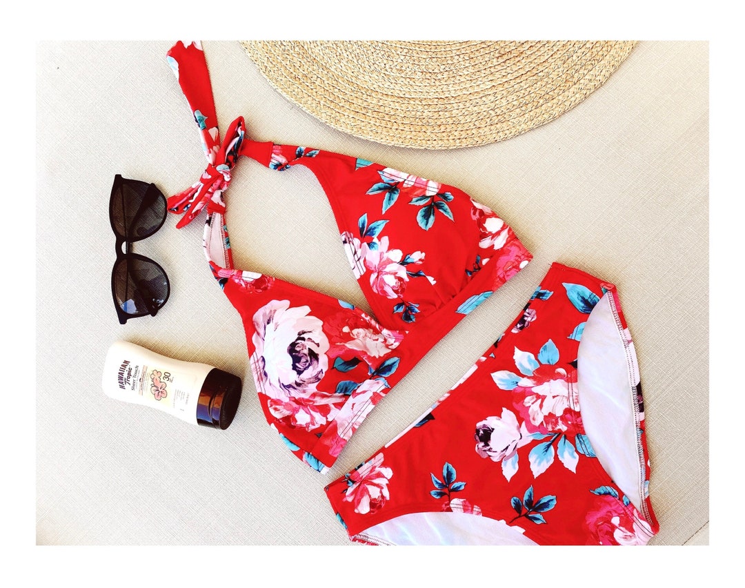Halter Bikinis Sewing Kit, Briefs Bottoms, Floral Swimwear , Flower ...