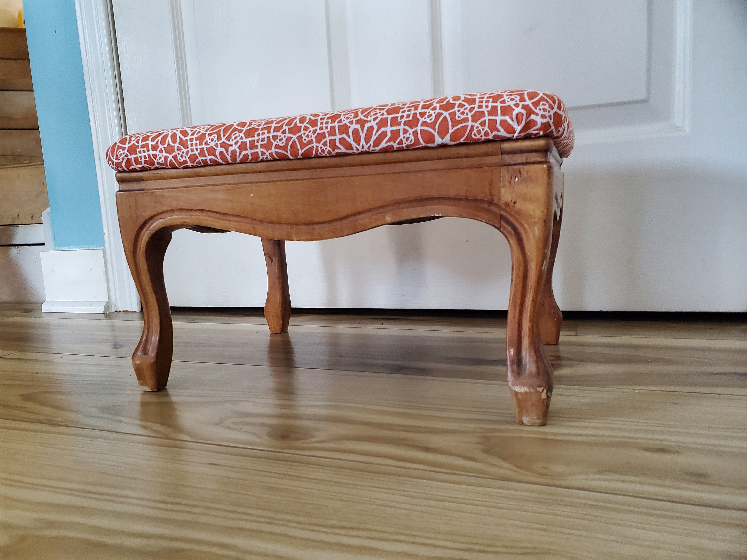 Vintage Foot Stool Fabric and Wood Orange Geometric Pattern - Etsy