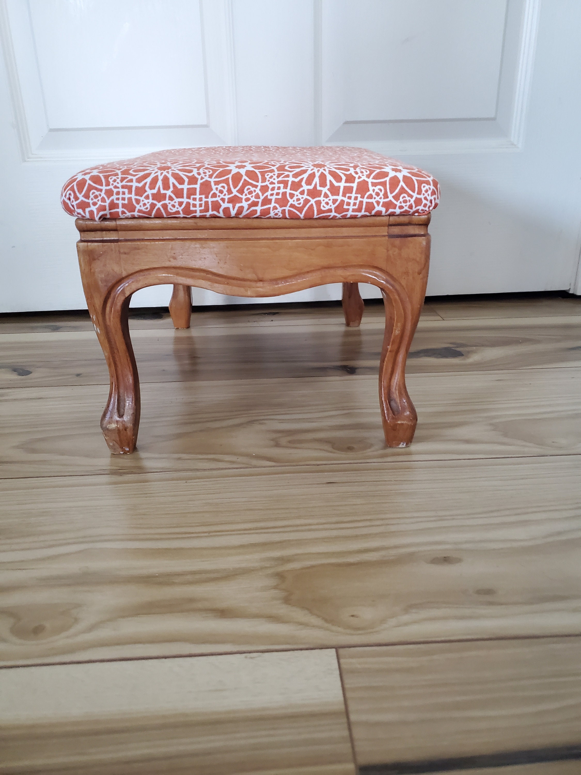 Vintage Foot Stool Fabric and Wood Orange Geometric Pattern - Etsy
