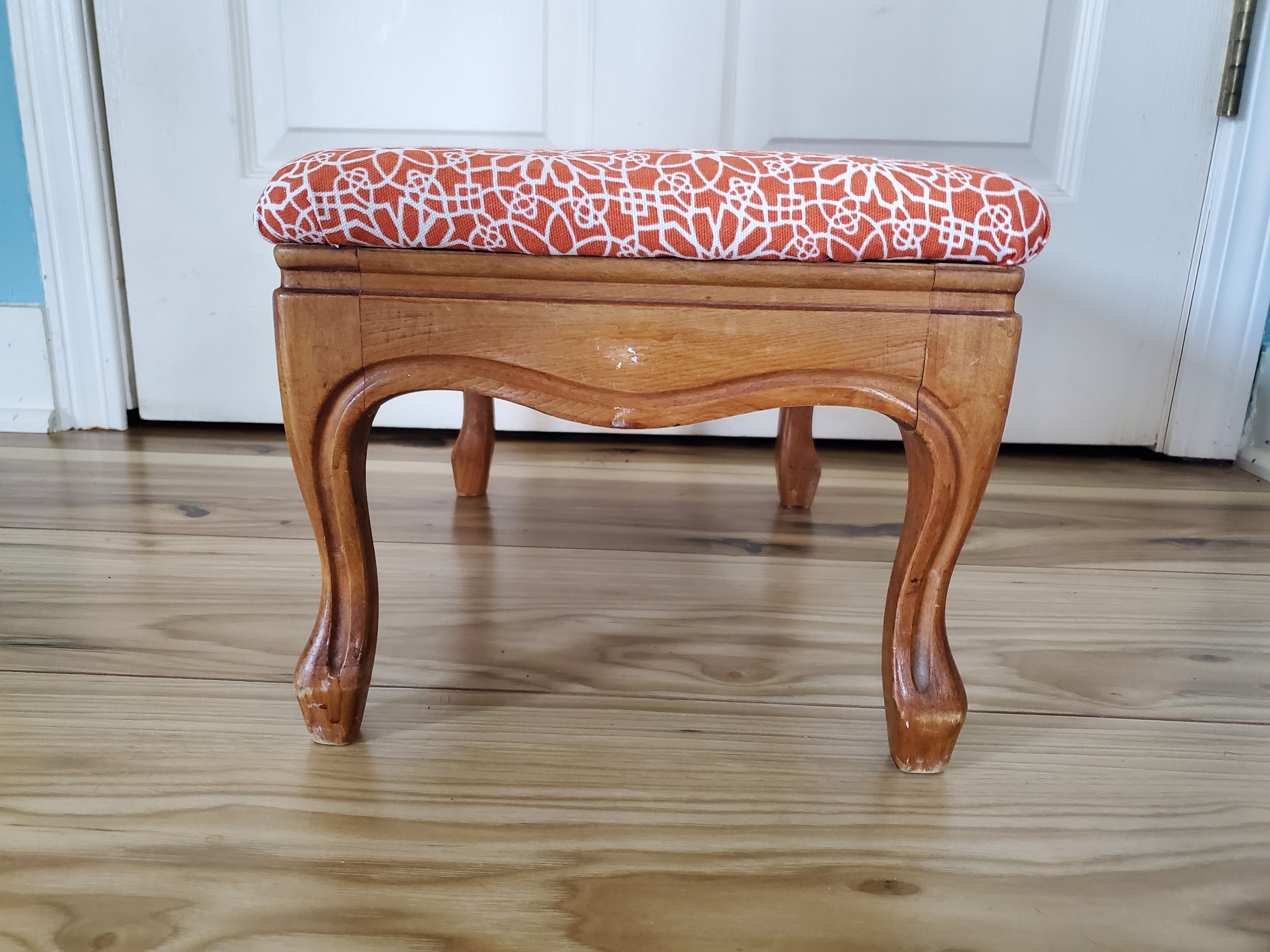 Vintage Foot Stool Fabric and Wood Orange Geometric Pattern - Etsy