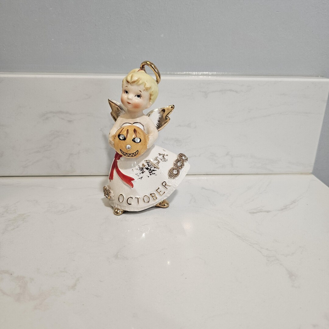 Vintage Lefton October Birthday Angel Figurine With Jack O Lateren ...