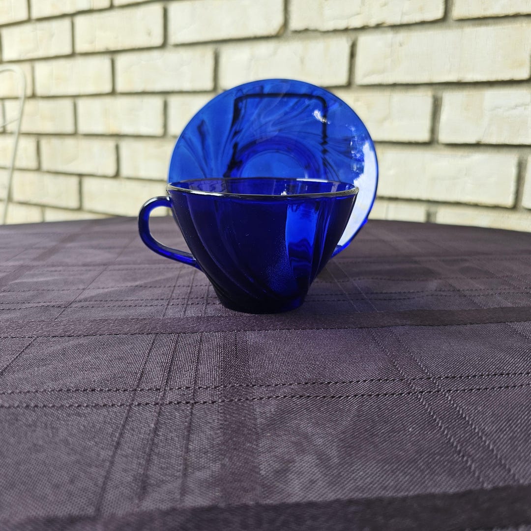 Vintage Cobalt Blue Tea Cup and Saucer Set Rivage Swirl Duralex Vereco ...