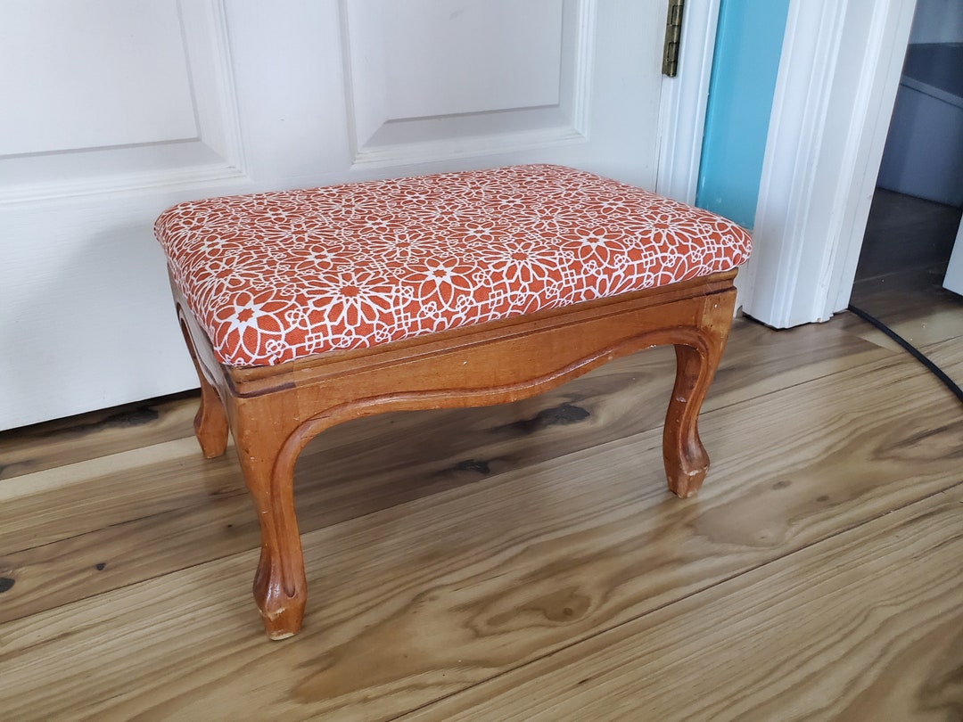 Vintage Foot Stool Fabric and Wood Orange Geometric Pattern - Etsy