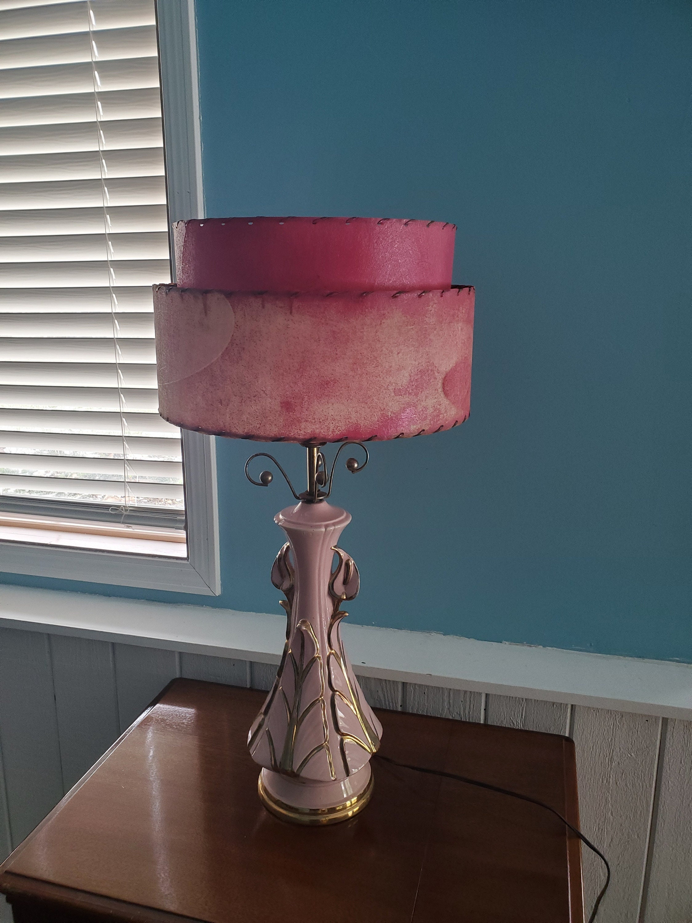Vintage Pink Ceramic Lamp With Fiberglass Lamp Shade - Etsy