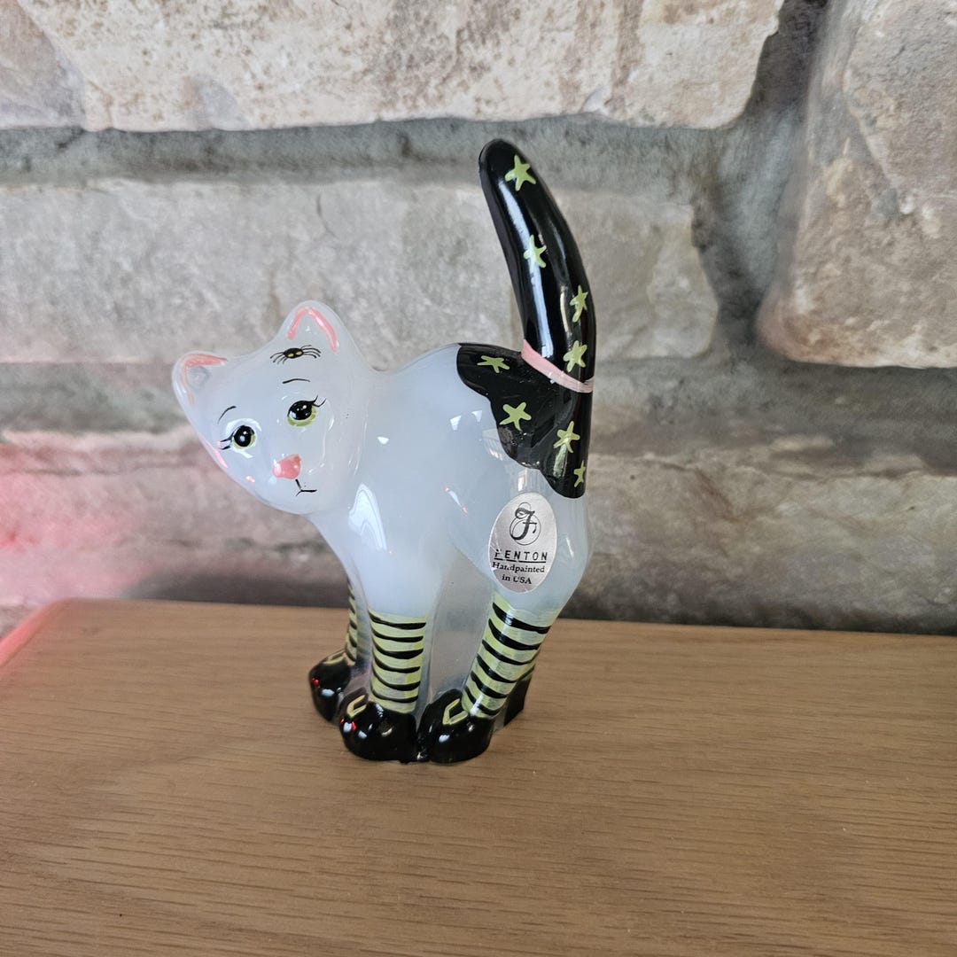 Vintage Fenton Halloween Cat With Spider Black and Yellow Striped ...
