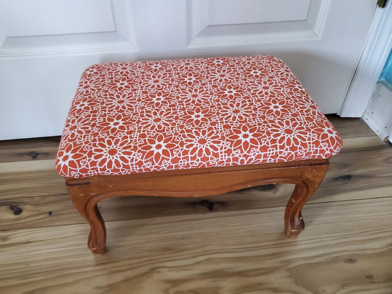 Vintage Foot Stool Fabric and Wood Orange Geometric Pattern - Etsy