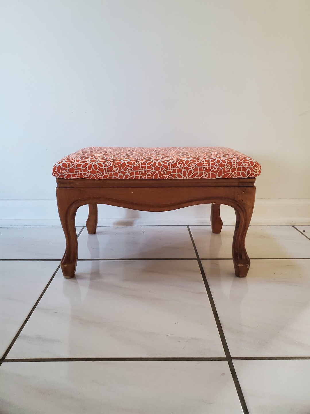 Vintage Foot Stool Fabric and Wood Orange Geometric Pattern - Etsy
