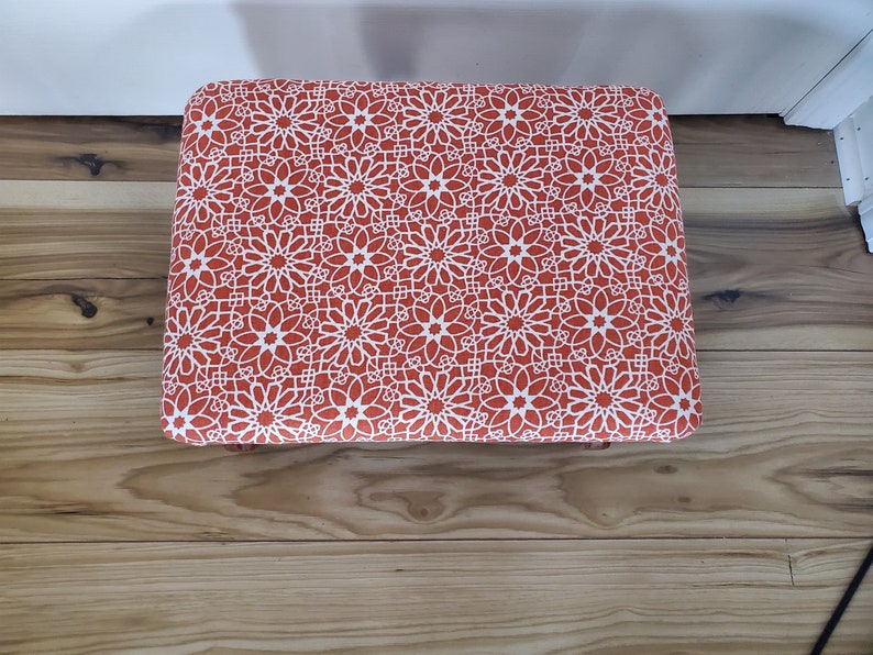 Vintage Foot Stool Fabric and Wood Orange Geometric Pattern - Etsy