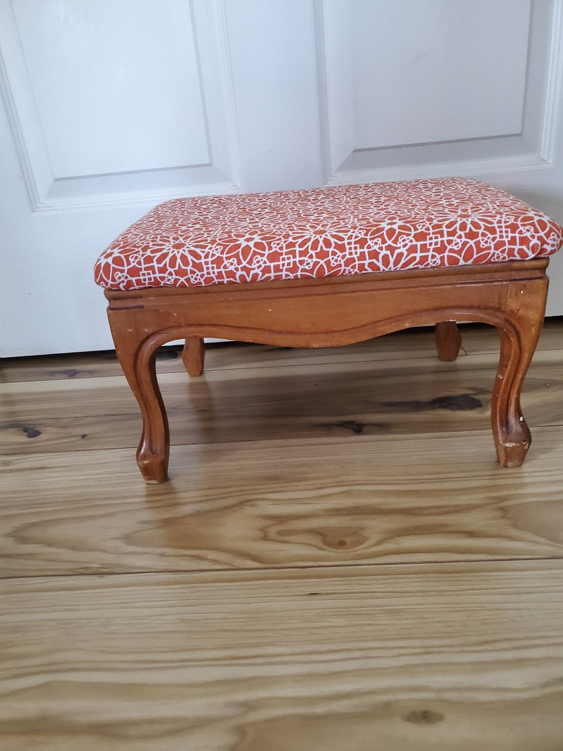 Vintage Foot Stool Fabric and Wood Orange Geometric Pattern - Etsy