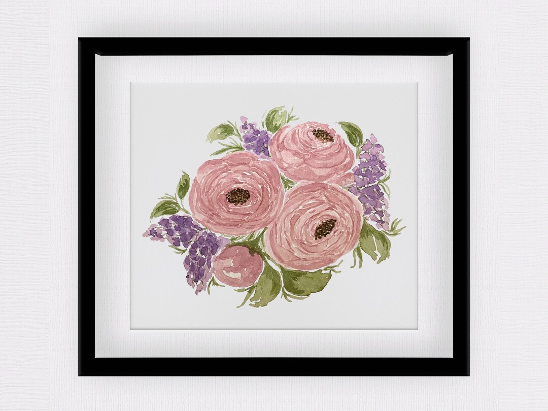 Blush Ranunculus Watercolor Art Print | Lilacs Floral Painting Wall Art ...