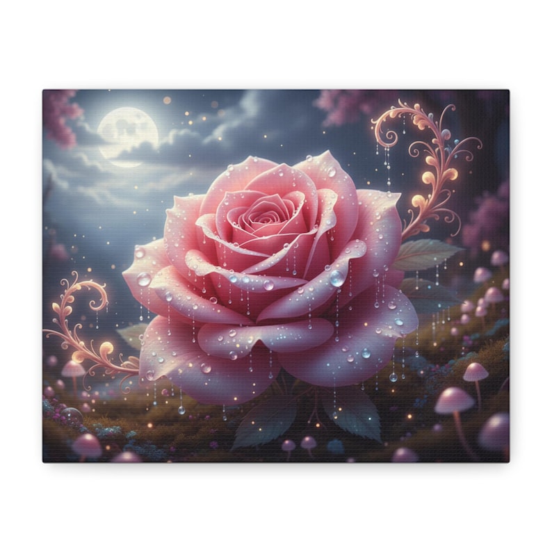 Moonlit Pink Rose Canvas - Etsy