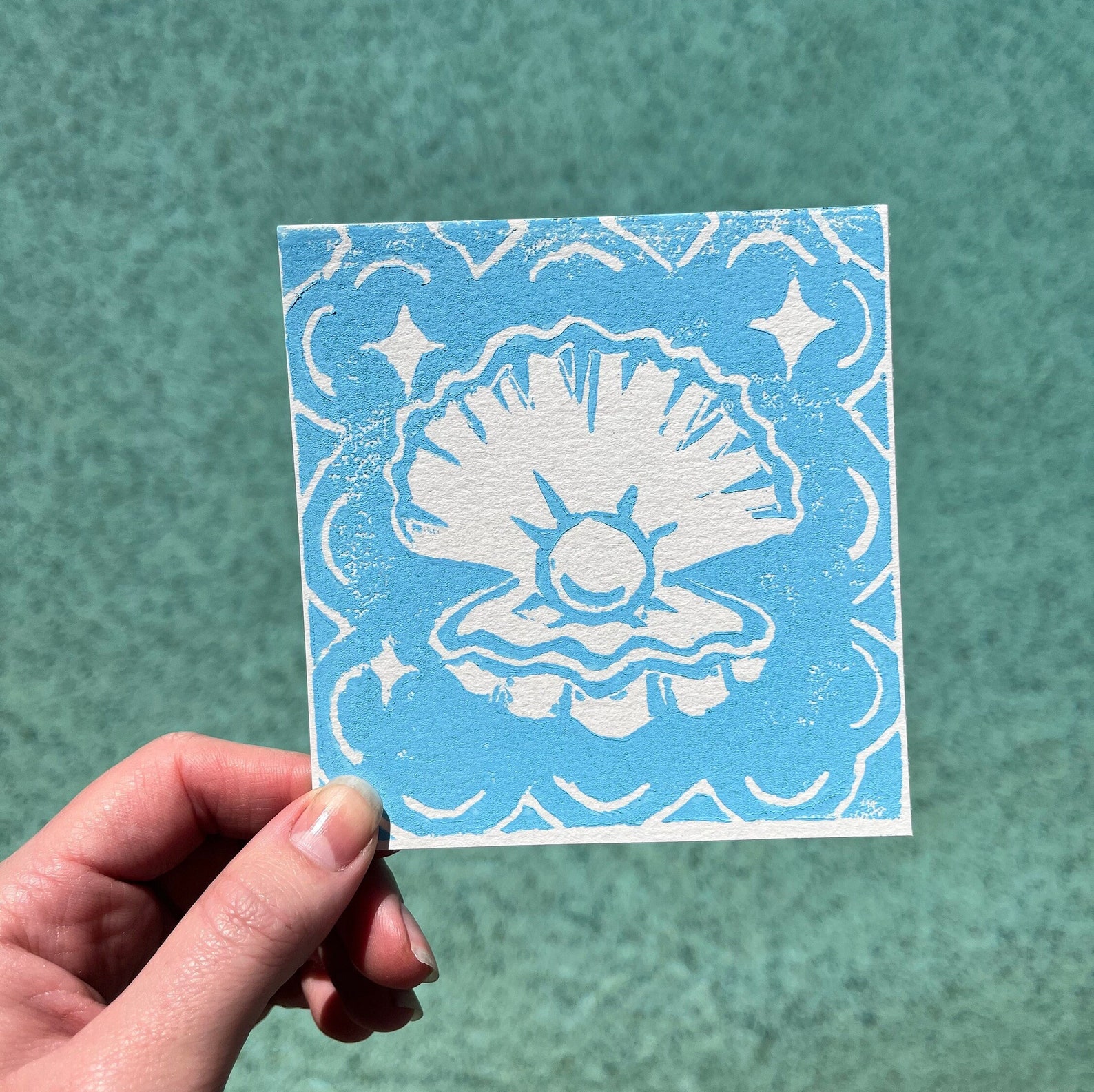 Handprinted Linoleum Print, Oyster Shell Ocean Print 4x4in - Etsy