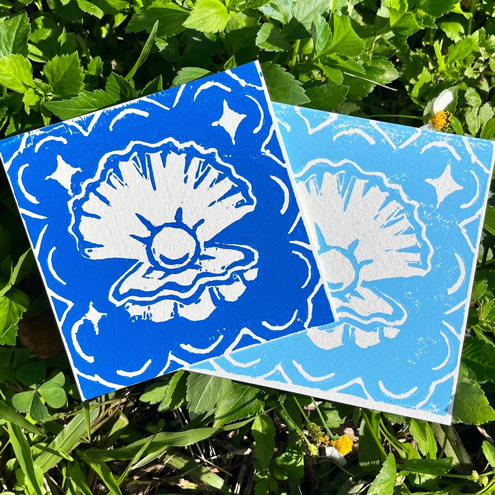 Handprinted Linoleum Print, Oyster Shell Ocean Print 4x4in - Etsy