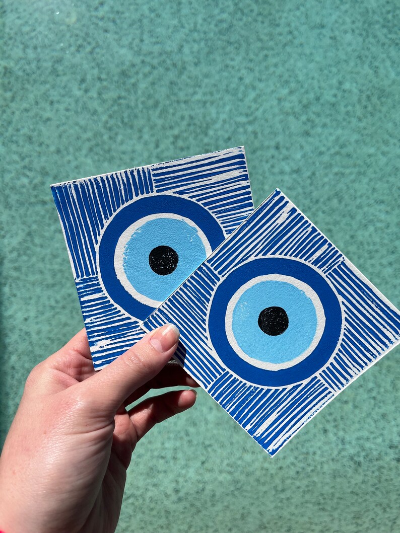 Handprinted Linoleum Print, Evil Eye Protective Print 4x4in - Etsy