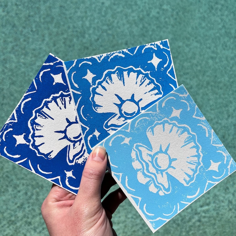 Handprinted Linoleum Print, Oyster Shell Ocean Print 4x4in - Etsy