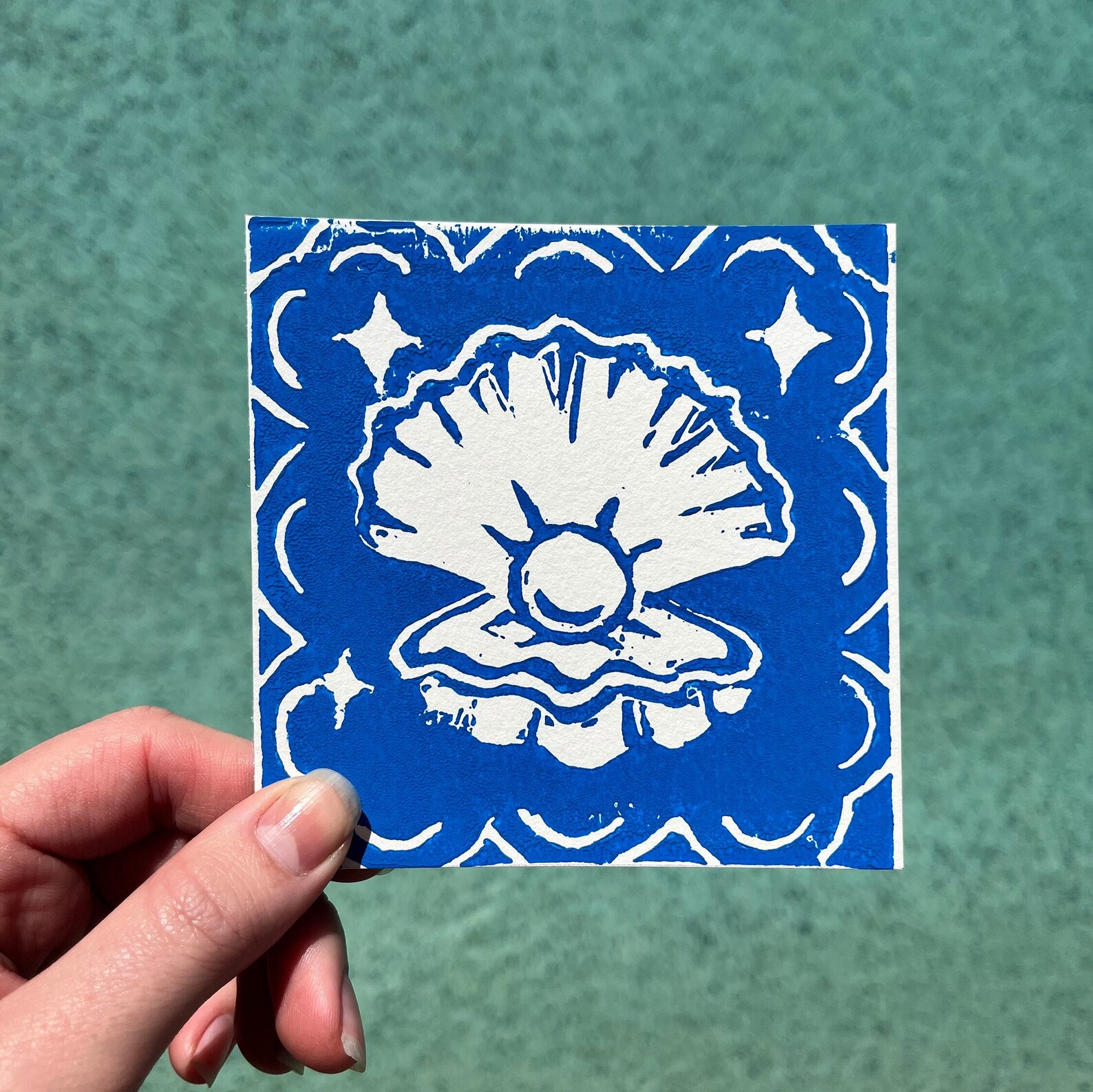 Handprinted Linoleum Print, Oyster Shell Ocean Print 4x4in - Etsy