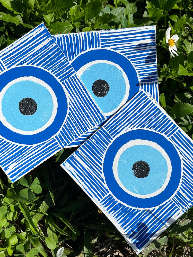 Handprinted Linoleum Print, Evil Eye Protective Print 4x4in - Etsy