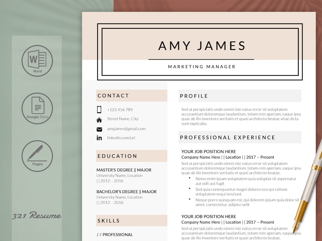 Marketing Resume Template for Word Google Docs Pages. Modern & Colorful ...