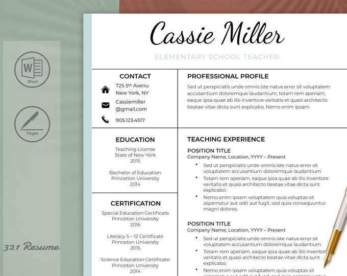 Teacher Resume Template Word & Pages. Teaching Resume Cv. Teacher ...
