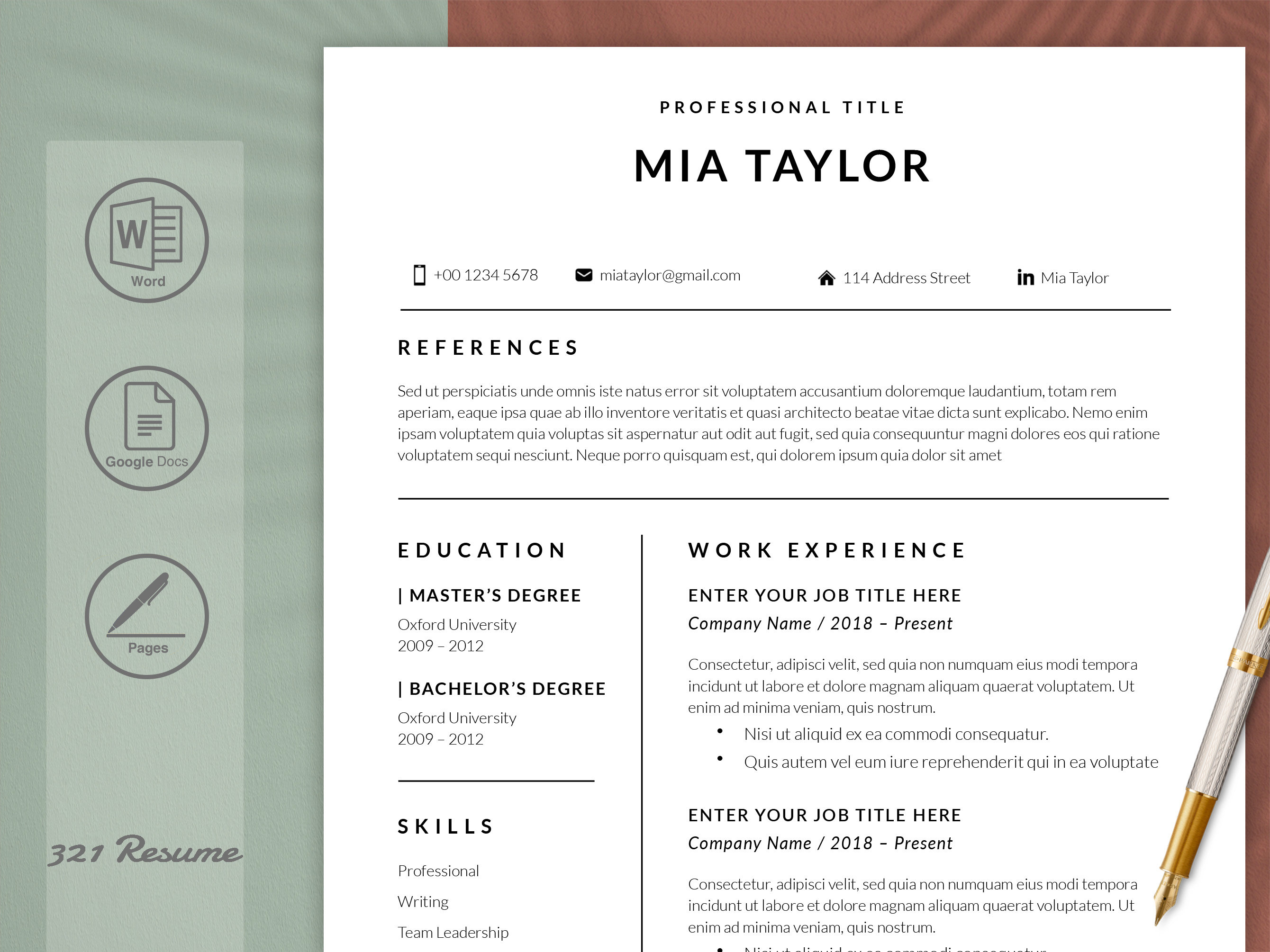Simple Resume Template for Google Docs, Word and Pages. Modern Resume ...