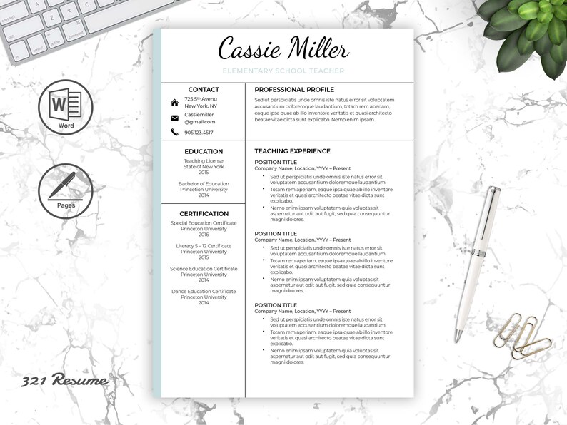 Teacher Resume Template Word & Pages. Teaching Resume Cv. Teacher ...