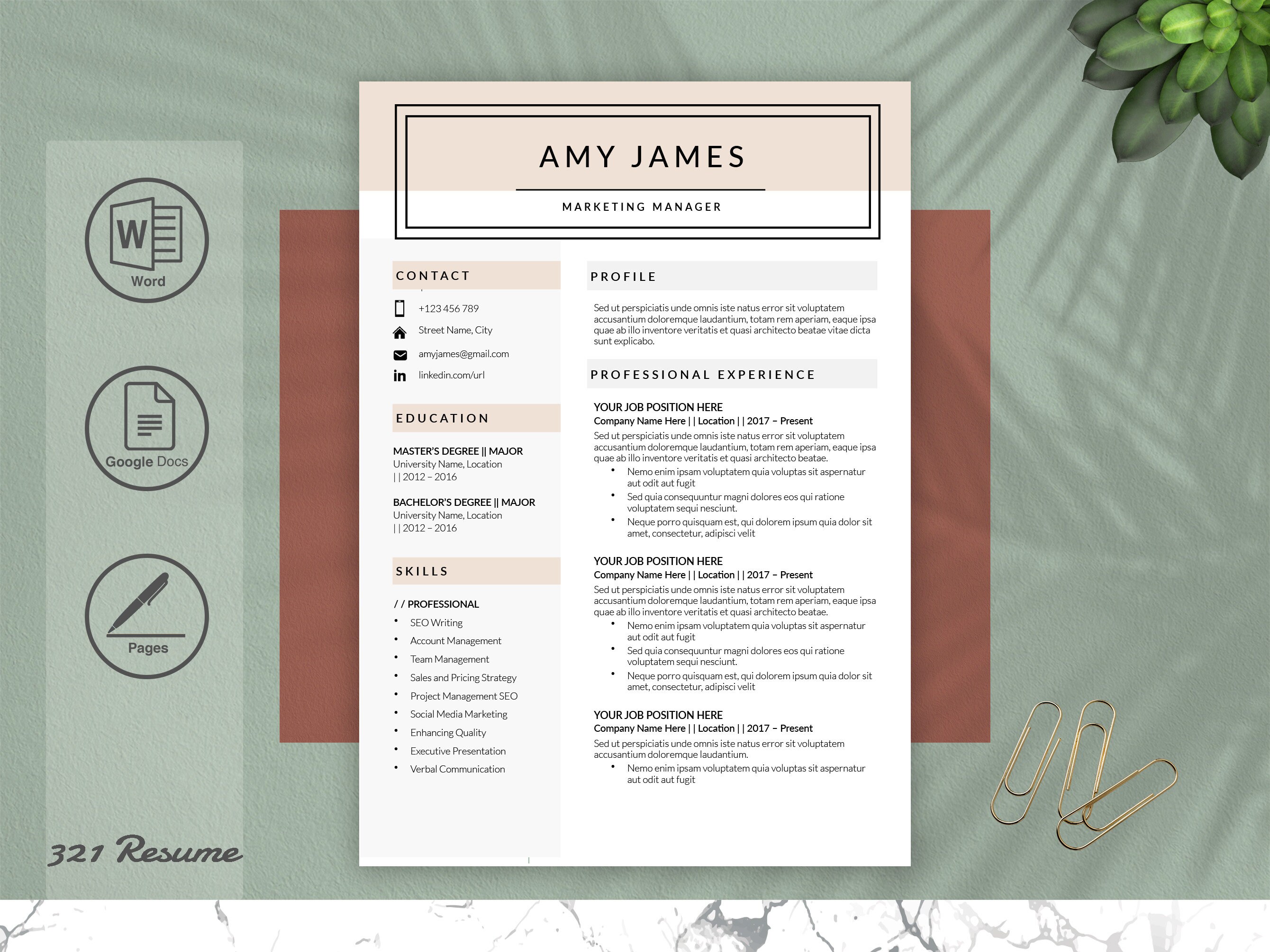 Marketing Resume Template for Word Google Docs Pages. Modern & Colorful ...