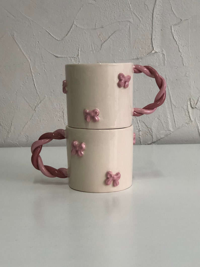 Little Pink Ribbon Bows Ceramic Mug 250 Ml Handmade Coffee Mugs ...
