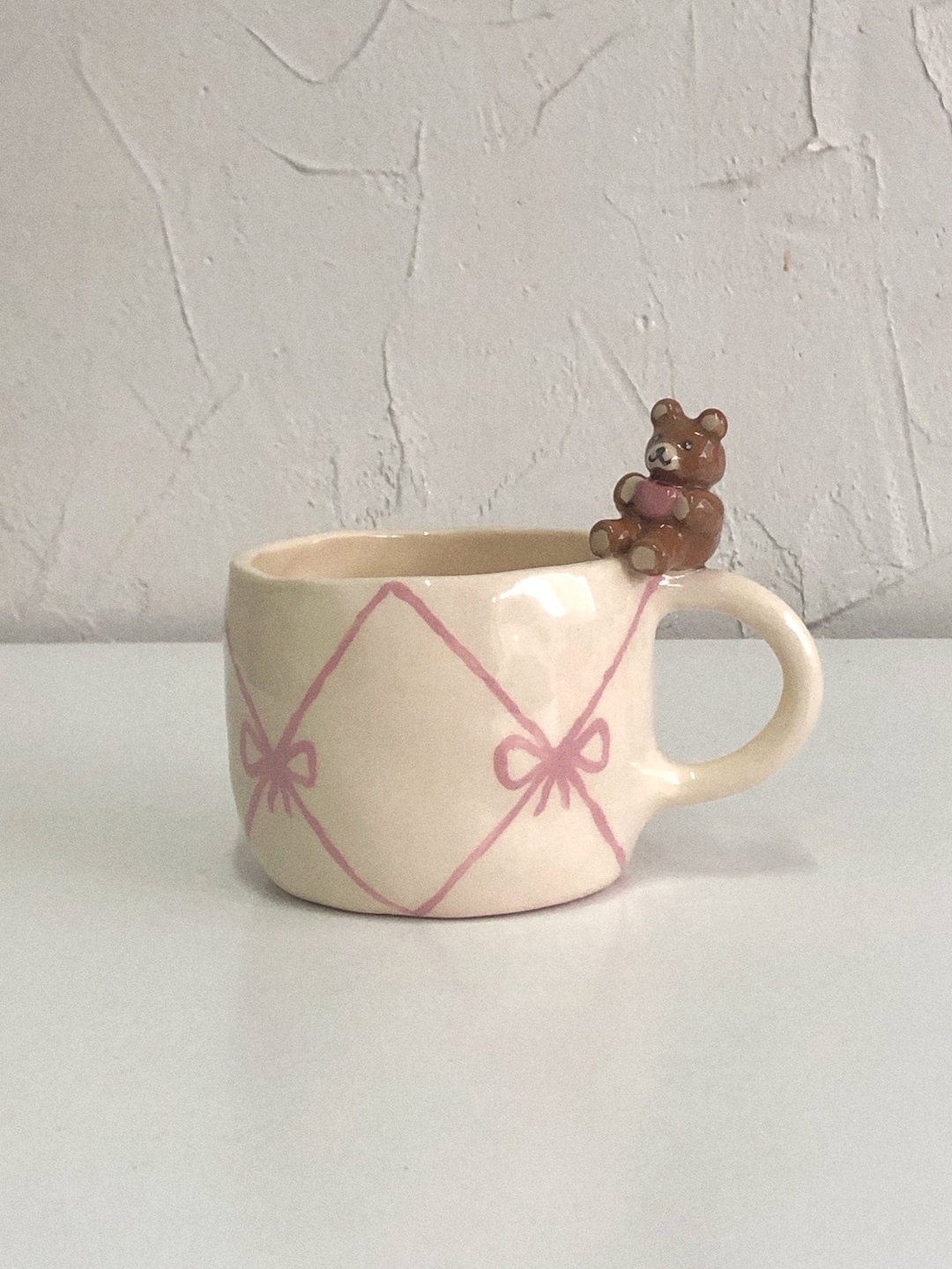 Teddy Bear Mug With Ribbon Bow Handmade Ceramic Mug 300 Ml Handmade ...