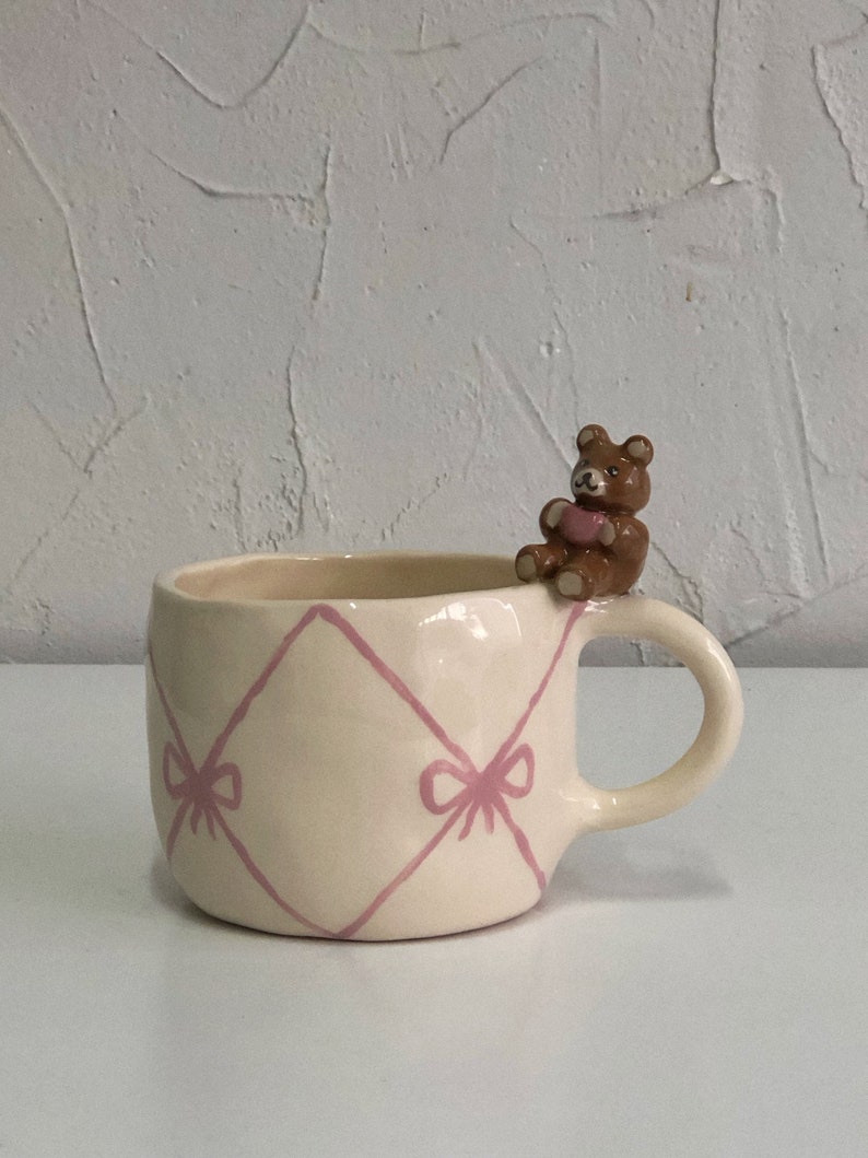 Teddy Bear Mug With Ribbon Bow Handmade Ceramic Mug 300 Ml Handmade ...