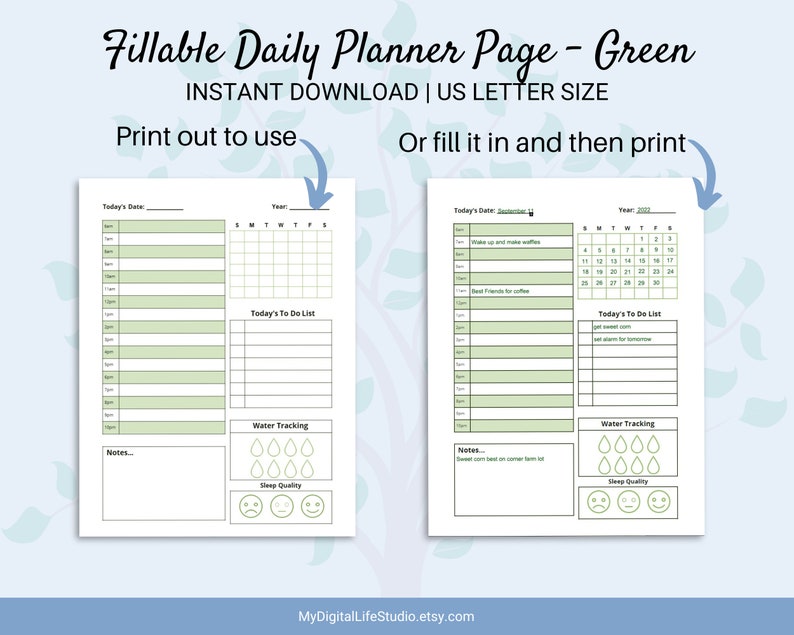 Fillable Daily Planner Green Printable Digital Download - Etsy Australia