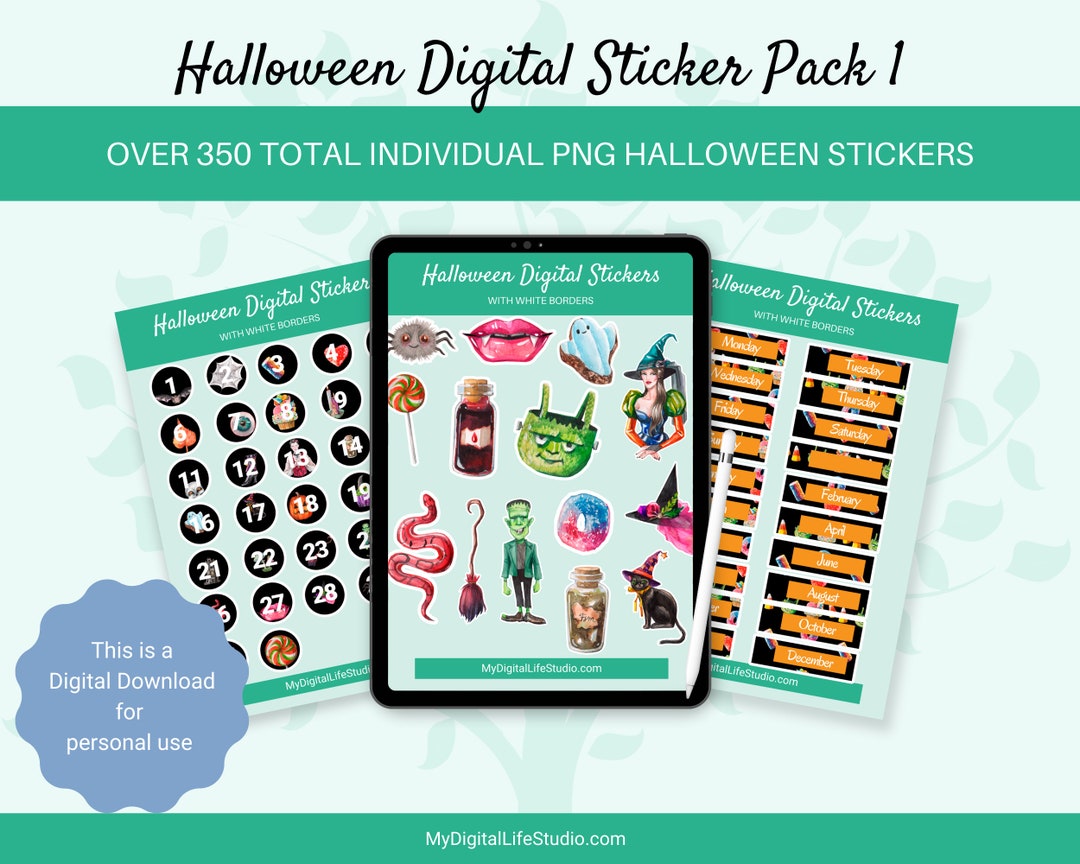 Halloween Digital Sticker Pack 1 | PNG | Banners | Witch | Weekday ...