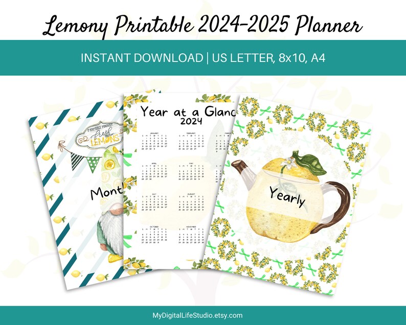 Printable Lemon Themed 2024 and 2025 Planner | Dated | Weekly | Monthly ...